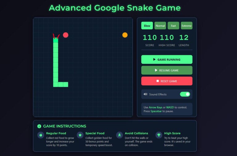Advanced Google Snake Game 2026: Neon Edition Play Now